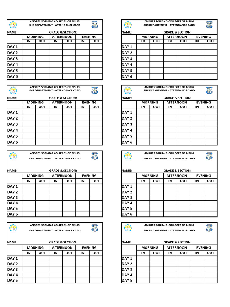 SHS Attendance Card Template | PDF