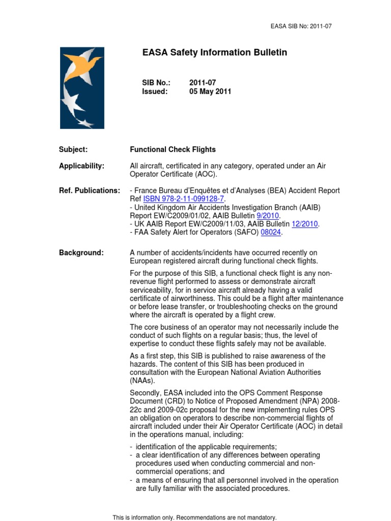 EASA SIB 2011-07-1 (Functional Check Flights) | PDF | Aviation ...