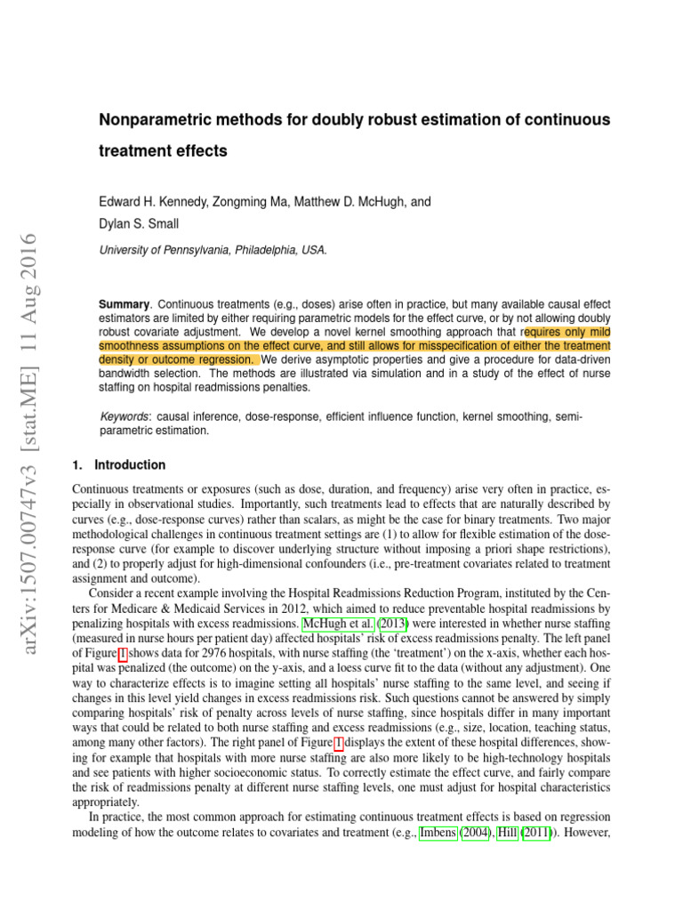 Nonparametric Methods For Doubly Robust Estimation of Continuous Treatment Effect | PDF ...