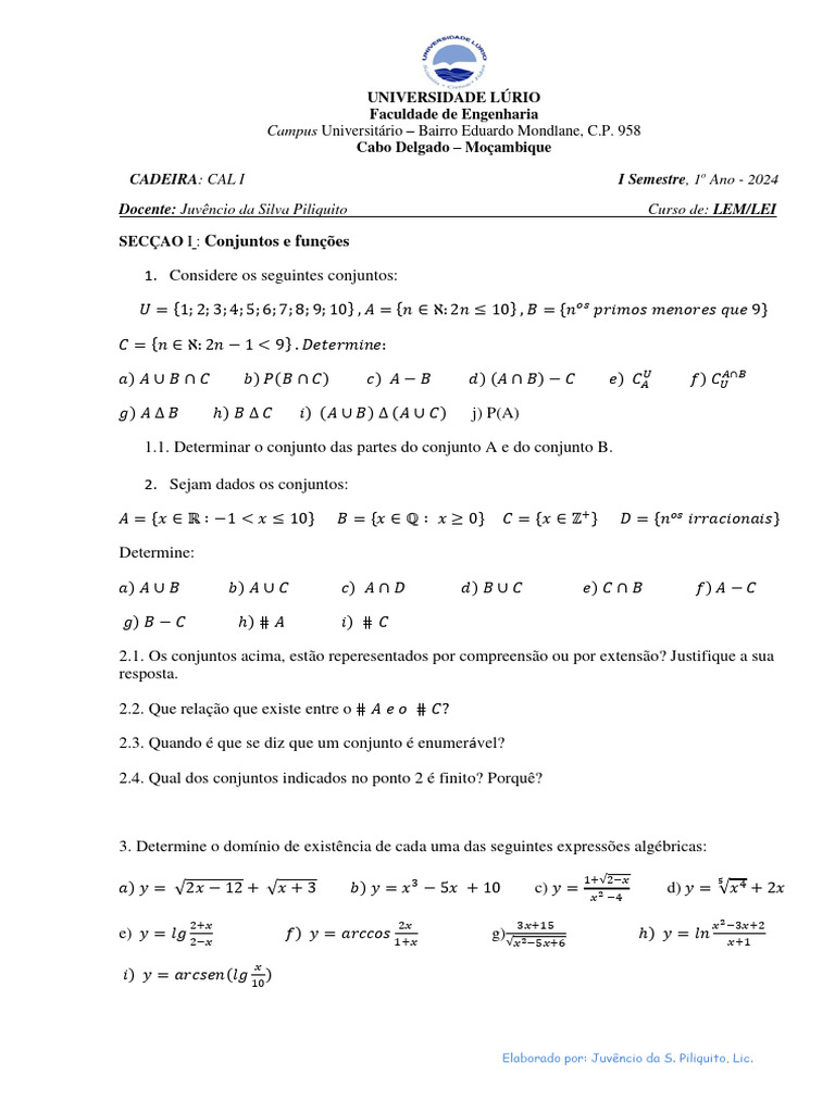 Exercicios Cal - 1 | PDF | Álgebra | Álgebra abstrata