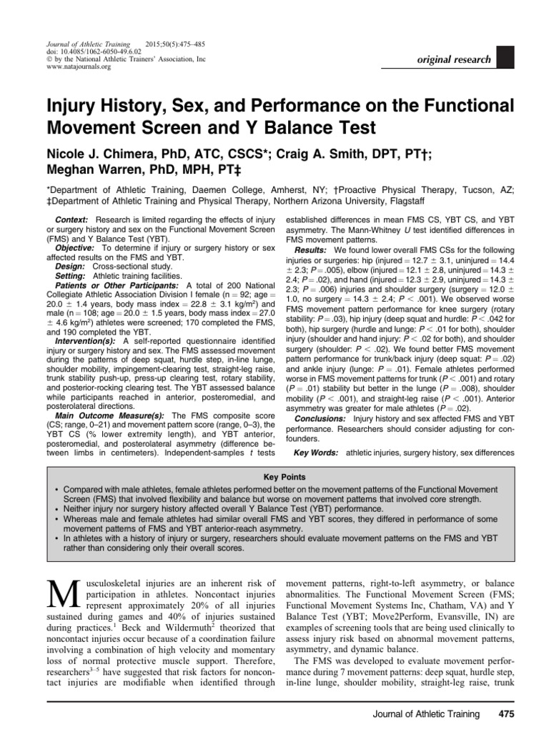 Historial de Lesiones, Sexo y Rendimiento FMS y La Prueba de Equilibrio Y | PDF | Human Leg