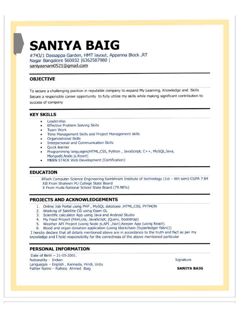 Saniya Baig ResumeA | PDF
