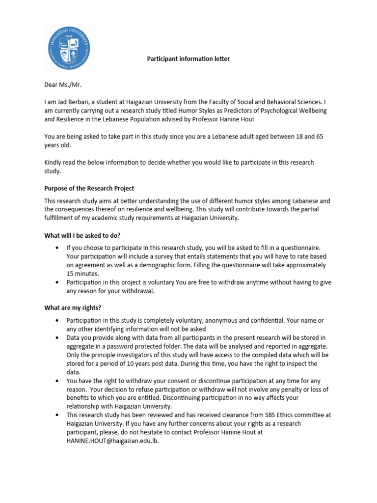 Participant Information Letter Jad | PDF | Psychological Resilience ...