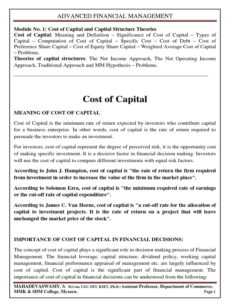 AFM Unit 1 | PDF | Cost Of Capital | Financial Capital