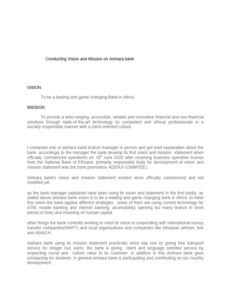 Amhara Bank Vision and Mission Overview | PDF | Banks | Goal
