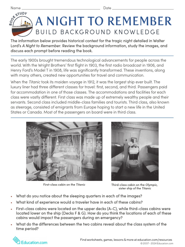 Book Study A Night Too Remember Build Background Knowledge | PDF