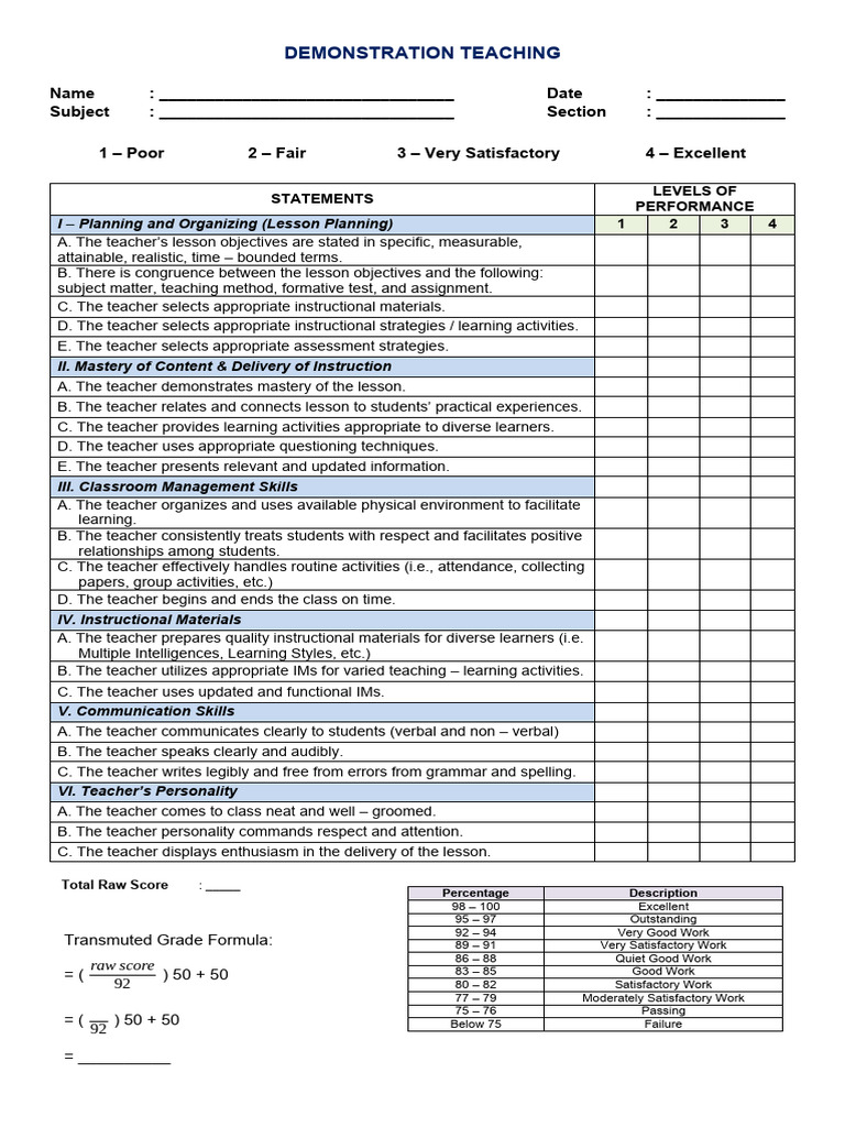 Demonstration Teaching Rubric | PDF | Teachers | Learning