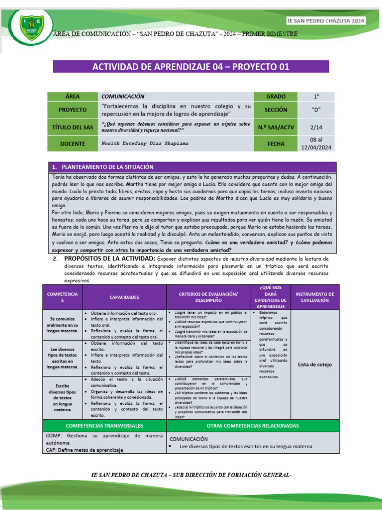 ACT. 01 DE PROYECTO 01 Proyecto 01 | Descargar gratis PDF | Evaluación | Aprendizaje