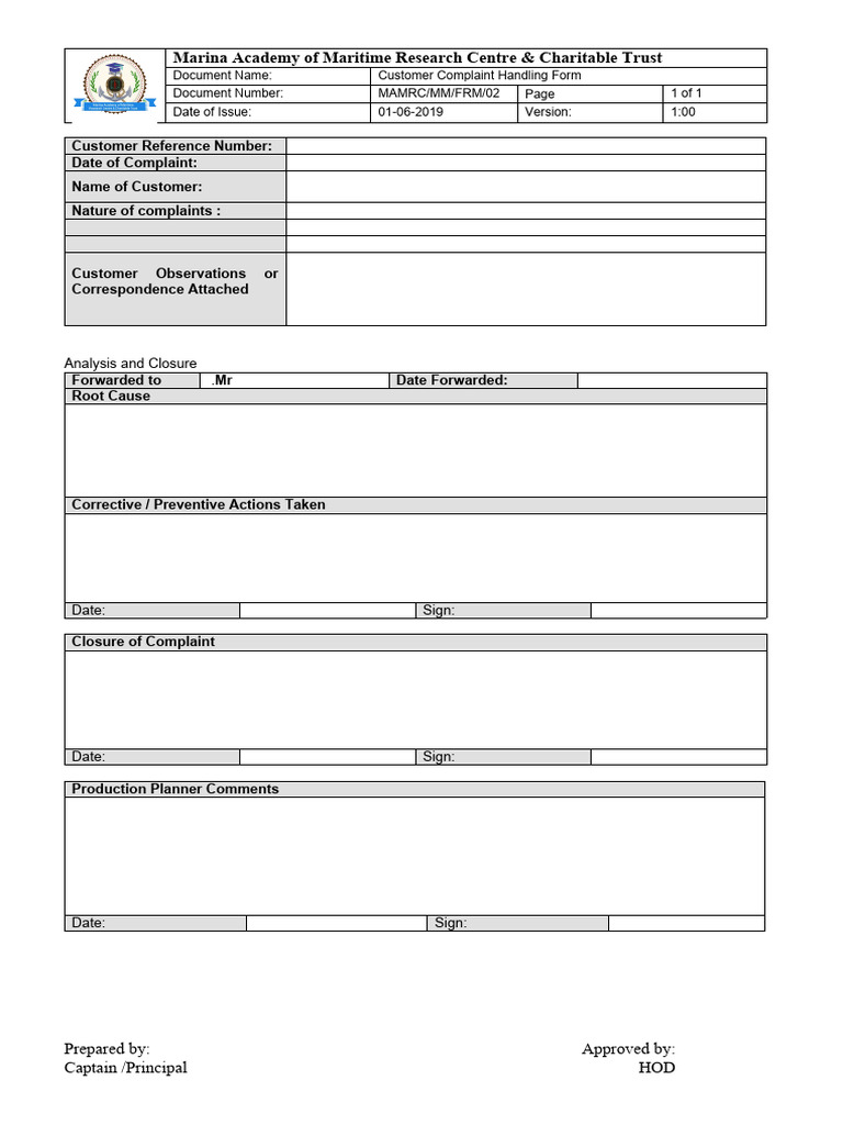 02 Customer Complaint handling form | PDF