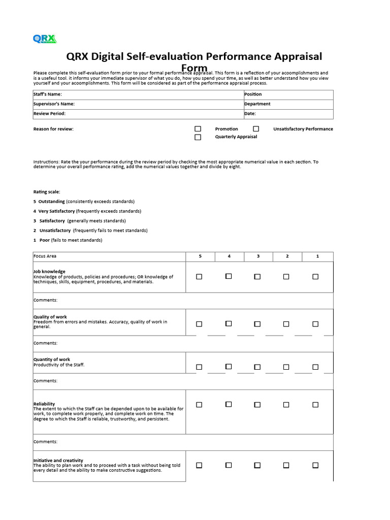QRX Digital Self Appraisal Form (Managers) | PDF | Performance ...