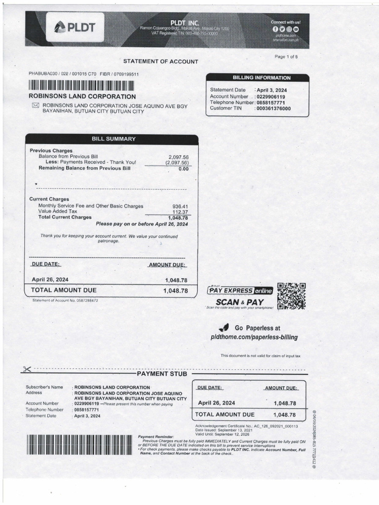 PLDT SOA For The Month of April 2024 With Account Number 0229906119 and ...