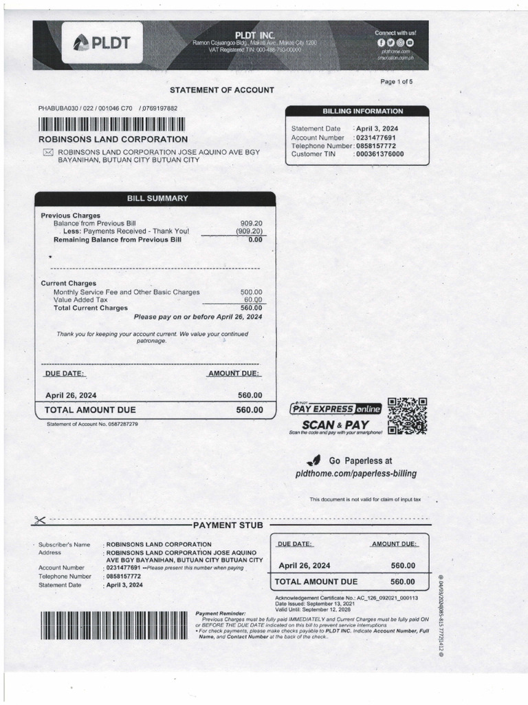 PLDT SOA For The Month of April 2024 With Account Number 0231477691 and Telephone Number ...