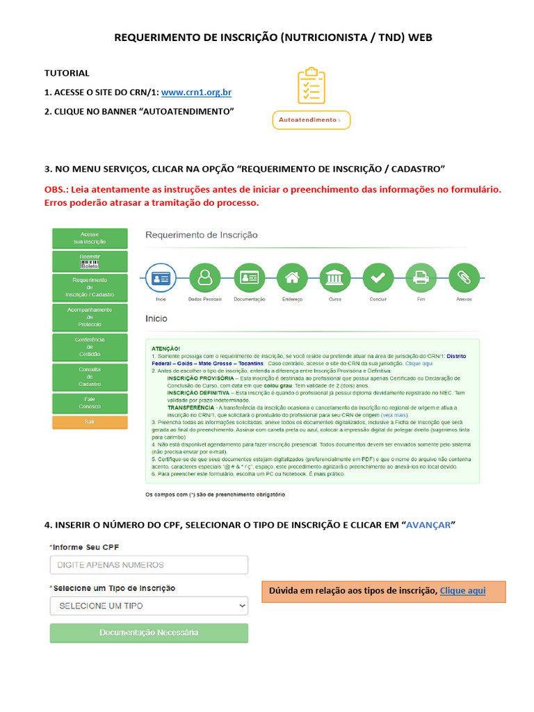 Tutorial Requerimento 1 Inscricao Nutricionista e TND | PDF