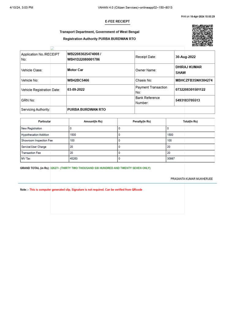VAHAN 4.0 (Citizen Services) Onlineapp02 150 8013 GG | PDF | Receipt ...