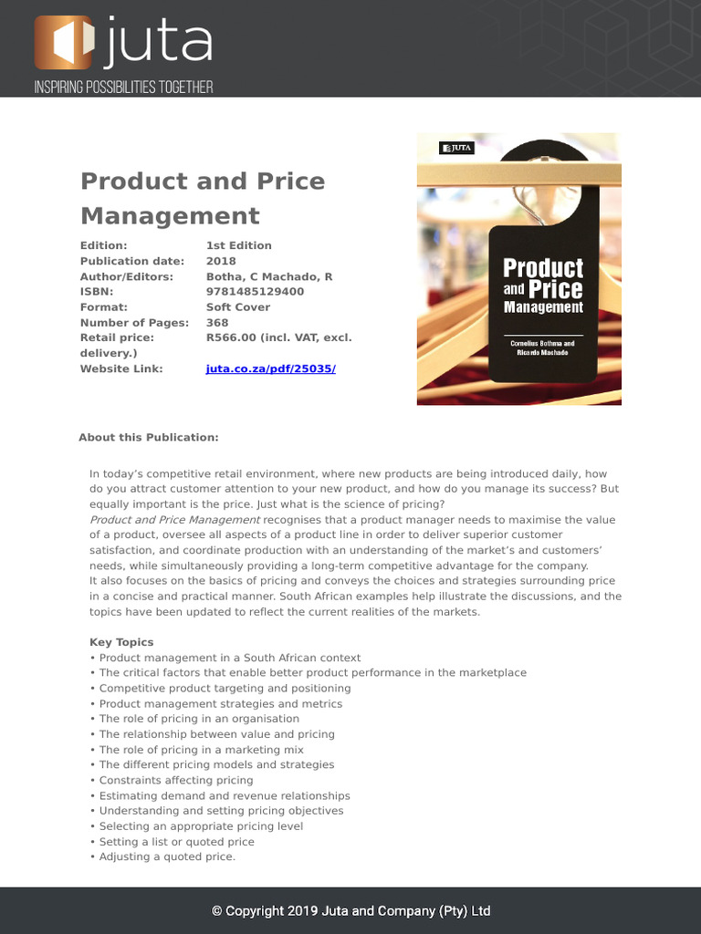 Product and Price Management: Juta - Co.za/pdf/25035 | Download Free PDF | Pricing | Marketing