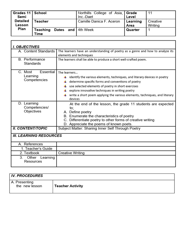 Grade 11 Creative Writing Poetry Lesson | PDF | Poetry | Learning