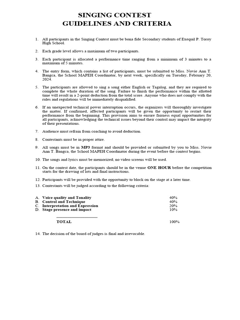 Singing Contest Guidelines And Criteria Pdf Justice Crime Violence