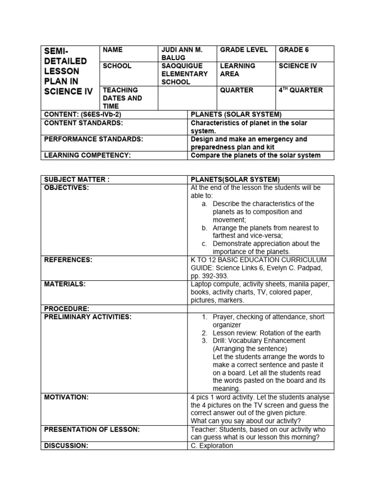 Semi Detailed LP in DepED | PDF | Planets | Teachers