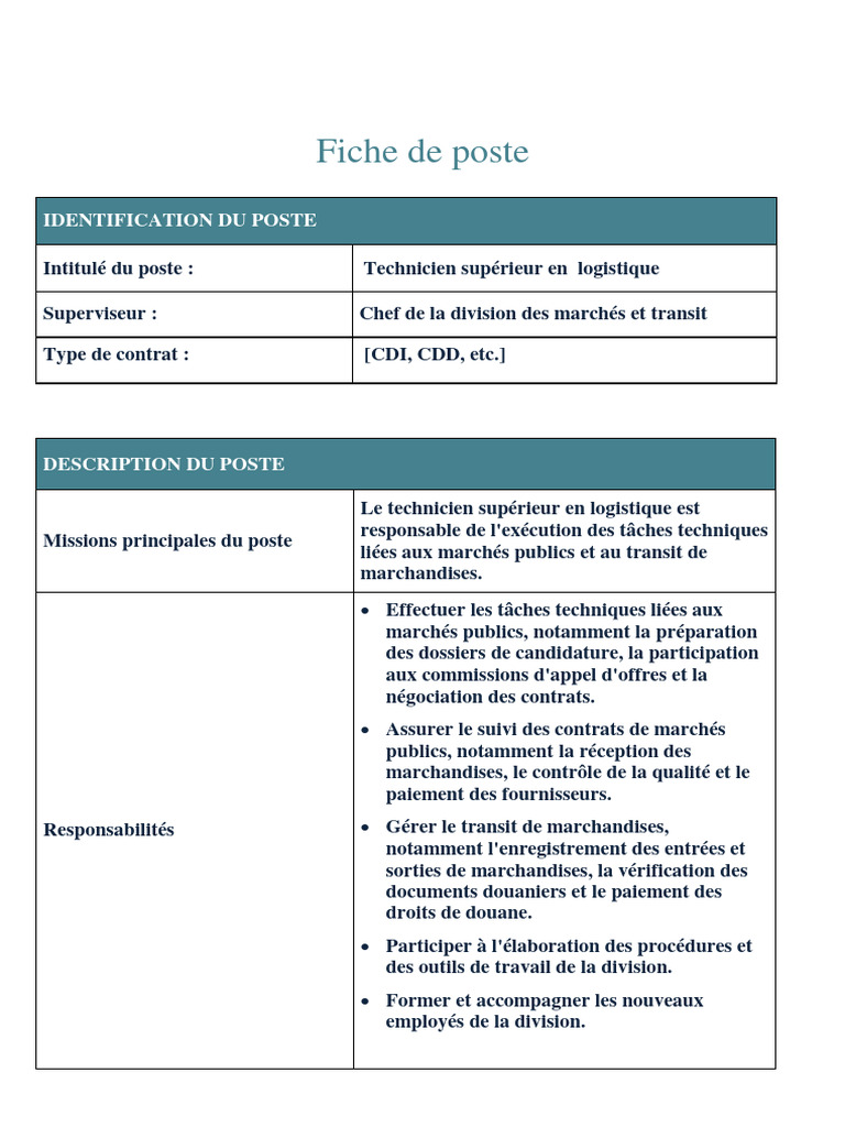 Fiche de poste : Technicien supérieur logistique | PDF | Logiciel ...