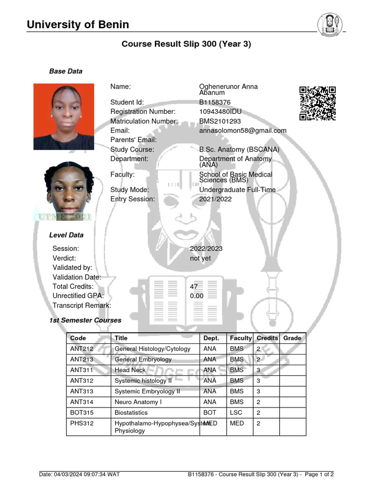 Course Result Slip | PDF | Anatomy | Health Care