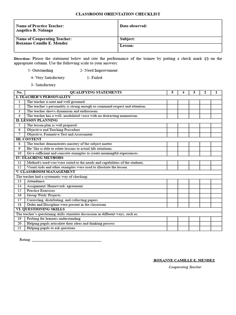 Classroom Observation Checklist | PDF | Self-Improvement