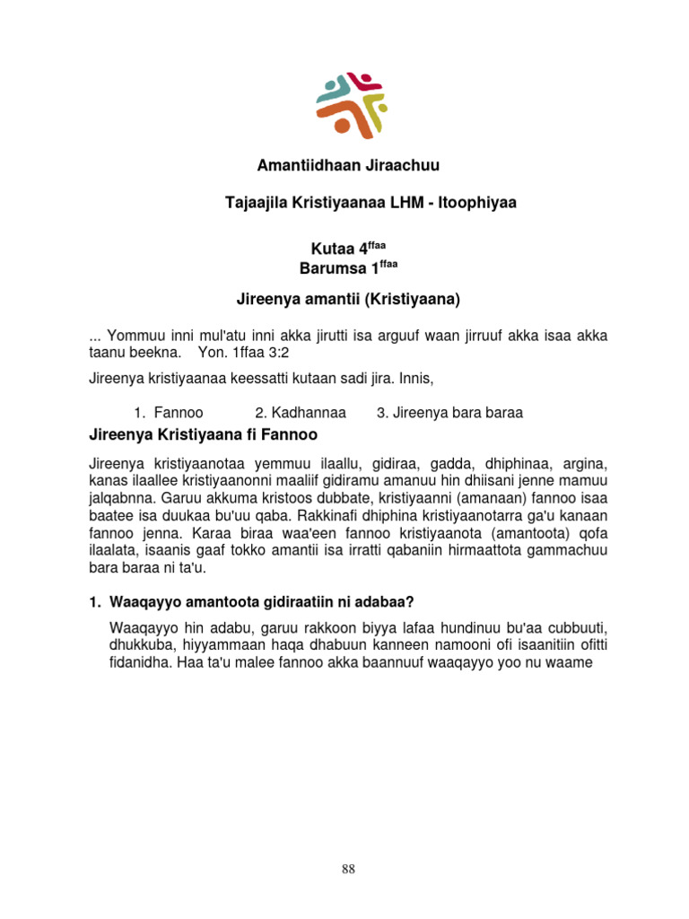 Book 4 Lesson 1 Ethiopia Oromifa Amantii Kiristyaanaa BCC | PDF