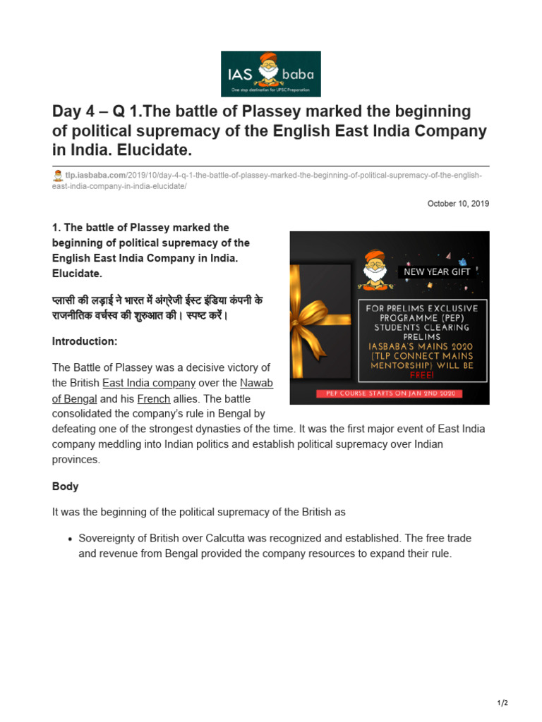 Day 4 Q 1the Battle of Plassey Marked The Beginning of Political ...