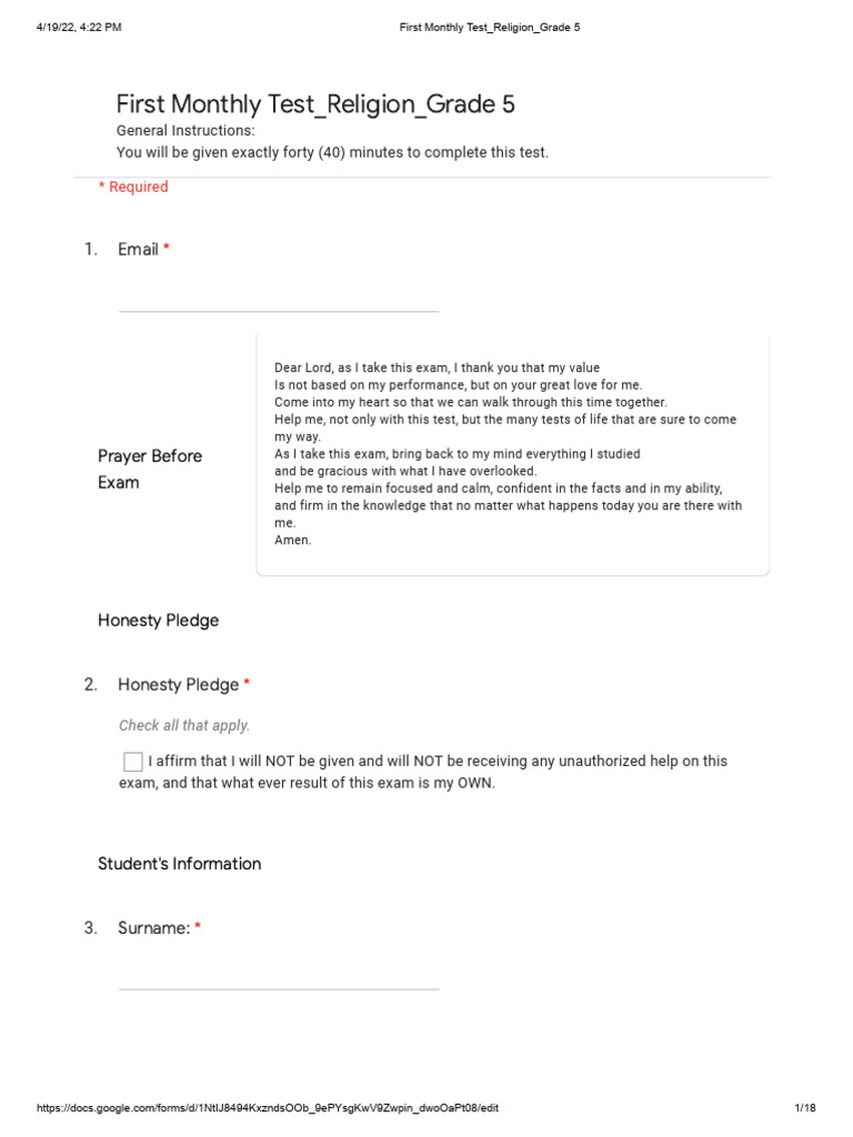1 - First Monthly Test - Religion - Grade 5 (First Quarter) - Google ...