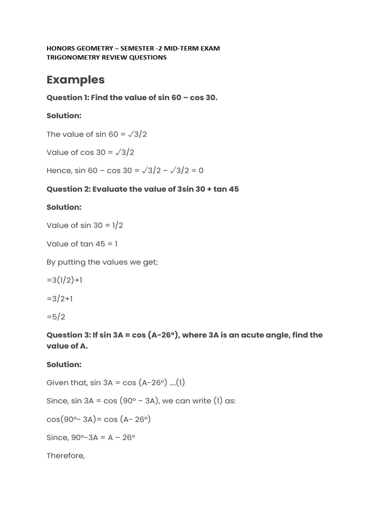 Honors Geometry Trigonometry Review Questions | Download Free PDF ...