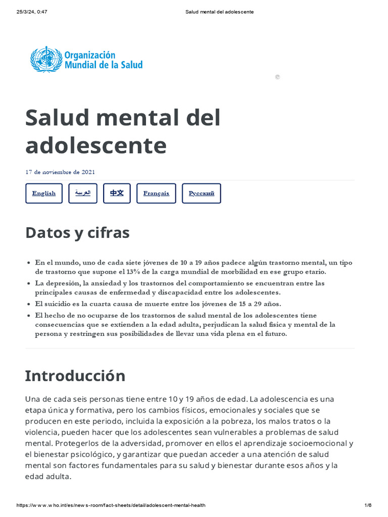 Salud Mental en Adolescentes: Datos Clave | PDF | Salud mental ...