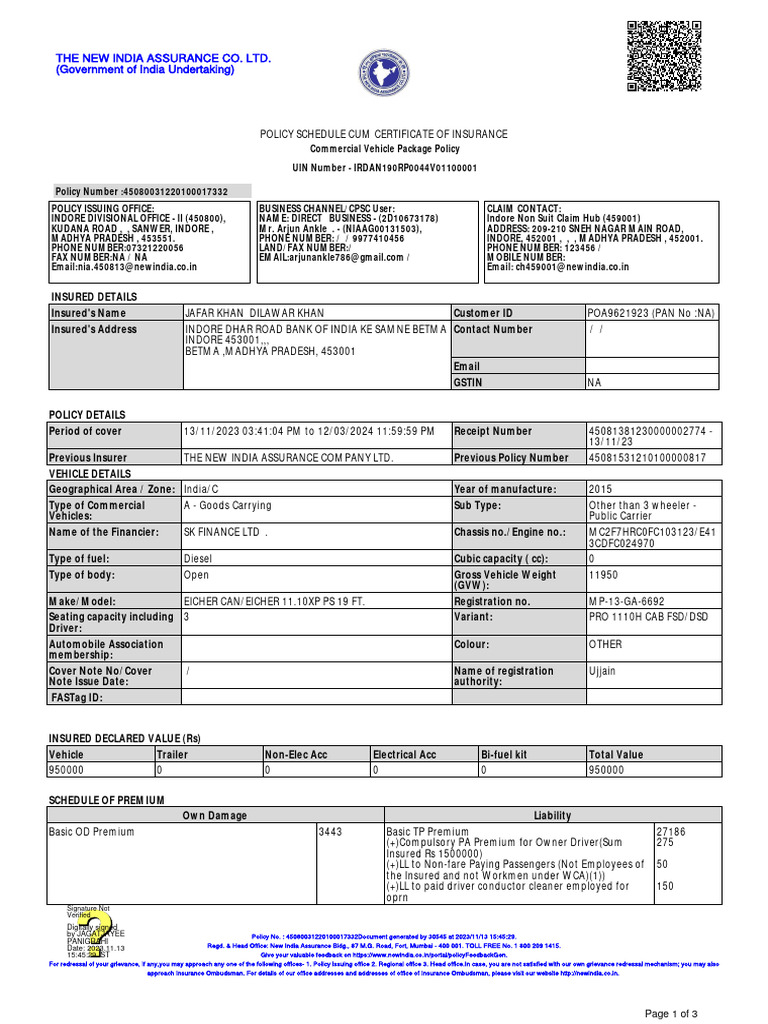 Jafar Khan 1929496814 | PDF | Insurance | Vehicle Insurance