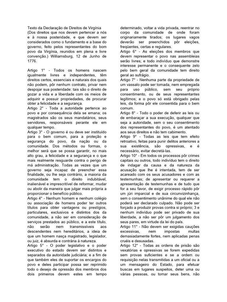 Declaração de Direitos da Virgínia 1776 | PDF | Liberdade | Estado