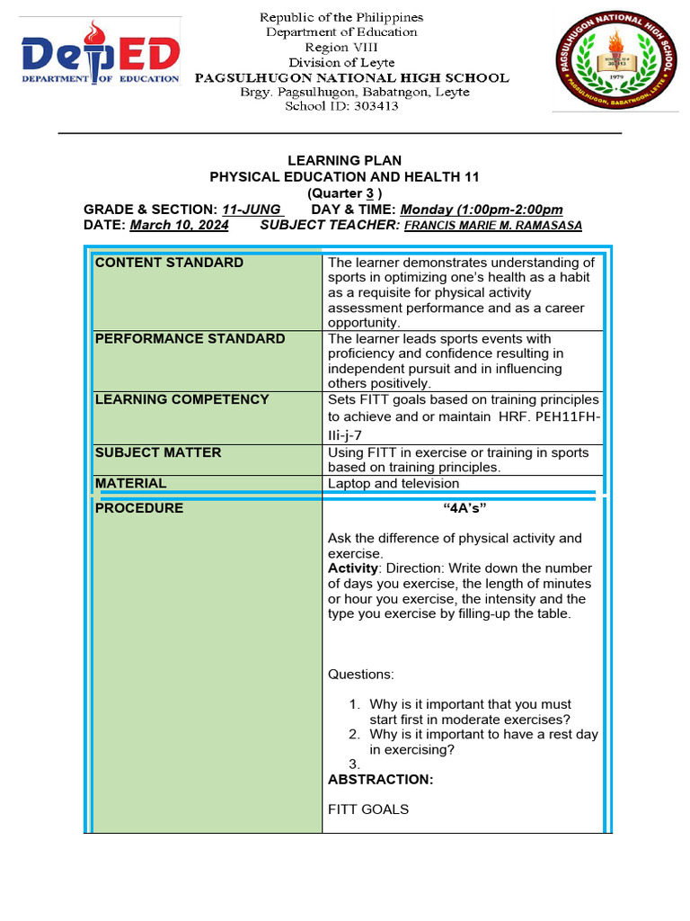 COT LESSON PLAN 3Q PE AND HEALTH | PDF | Physical Fitness | Sports