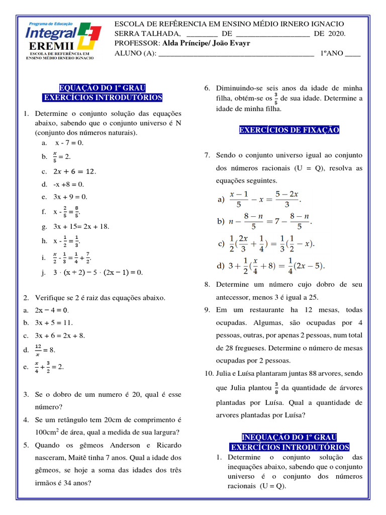 Exercícios de Inequações do 1º Grau | PDF | Equações | Matemática