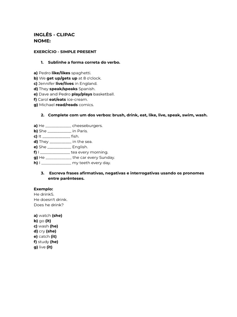 Exercício - Simple Present e Simple Past - Antonio Reinaldo Silva Neto ... Exercício - Simple Present e Simple Past - Antonio Reinaldo Silva Neto ...