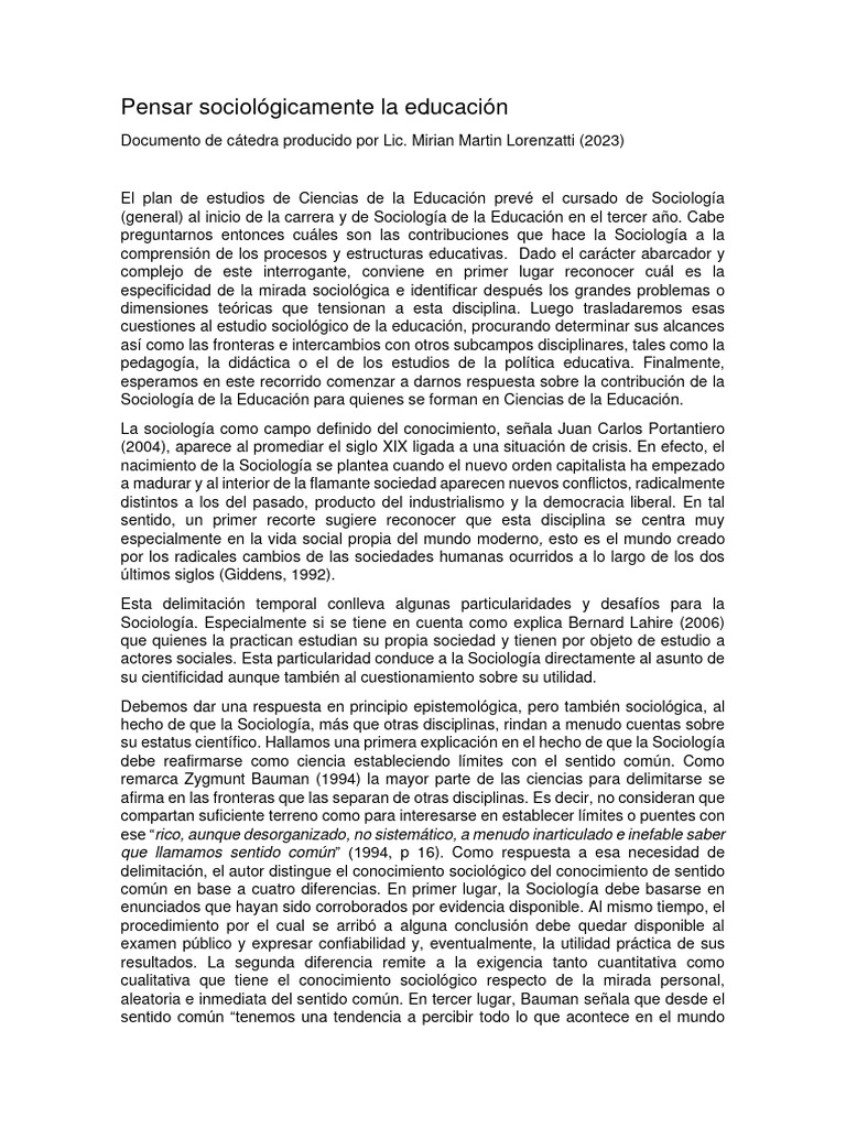 Documento Pensar Sociologicamente La Educación | PDF | Sociología ...