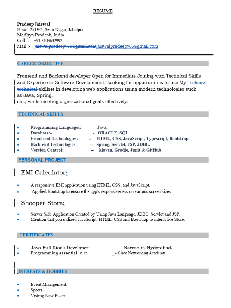 Pradeep Resume | Download Free PDF | Java (Programming Language) | Web Application
