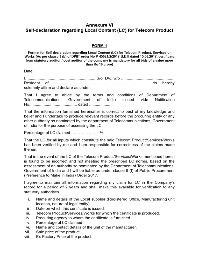 Annexure - VI - Self-Declaration Regarding Local Content (LC) For ...