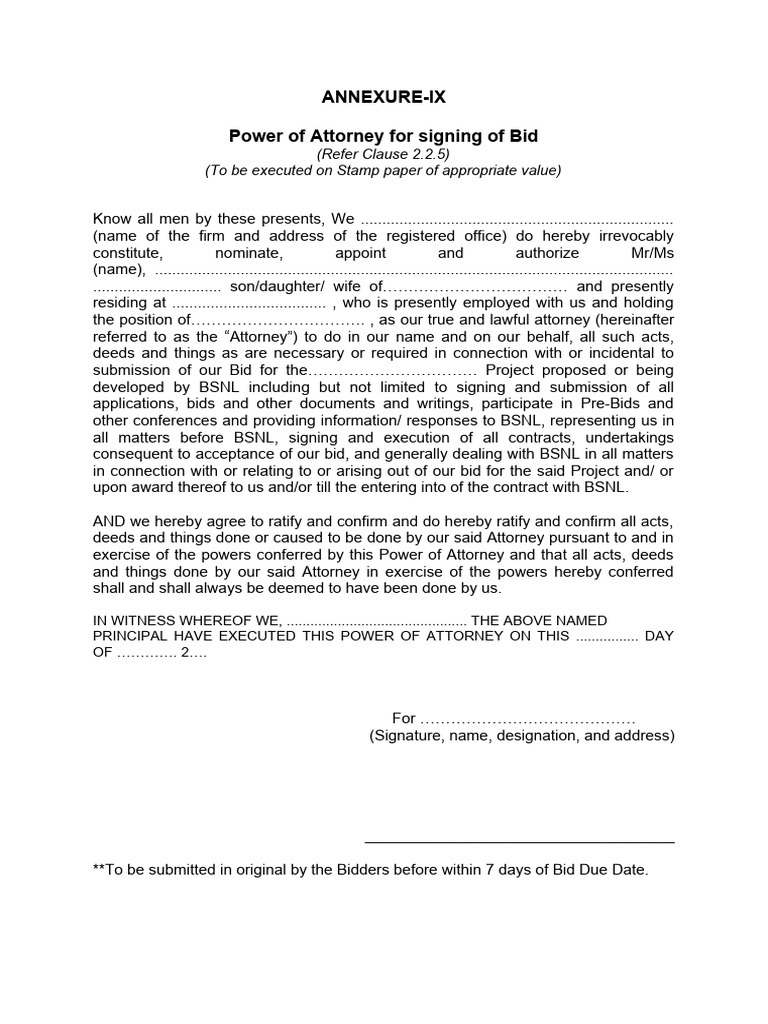 Power of Attorney for Bid Submission | PDF | Power Of Attorney | Common Law
