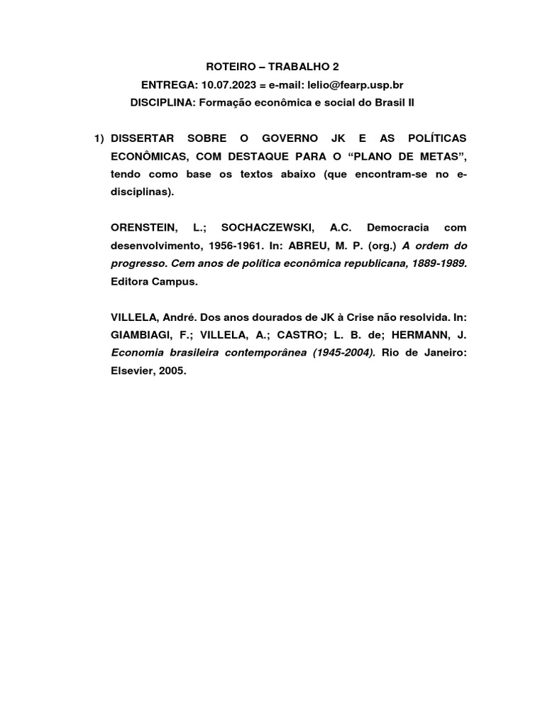 Roteiro - Trabalho 2 - Fesb II | PDF