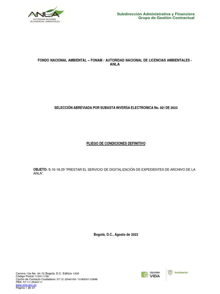 Pliego de Condiciones Definitivo | PDF | Subasta