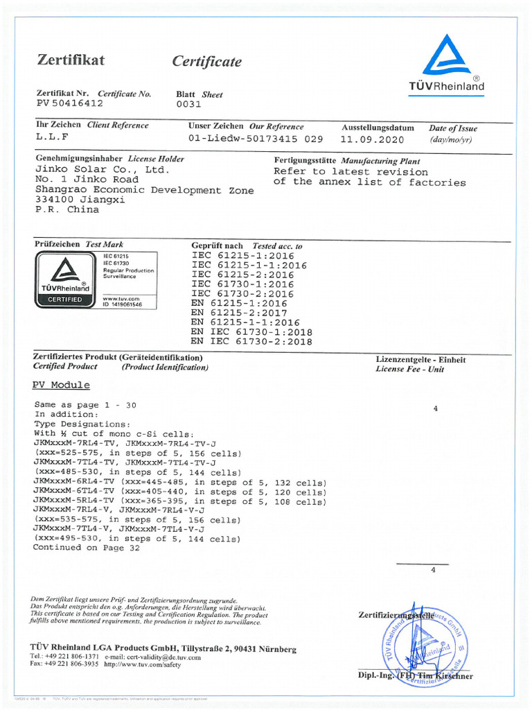 Certificado Iec-61215 - Iec-61730 (JKM525M-72HL4-TV) | PDF