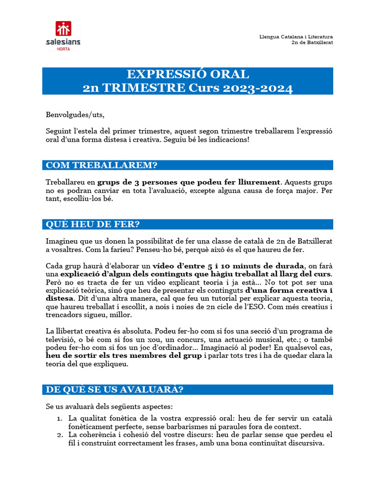 Expressió Oral 2n Trimestre 2023-2024 | PDF