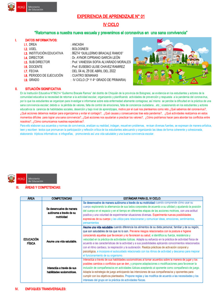 2022 Experiencia de Aprendizaje N°1 Iv Ciclo | Descargar gratis PDF | Evaluación | Educación Física