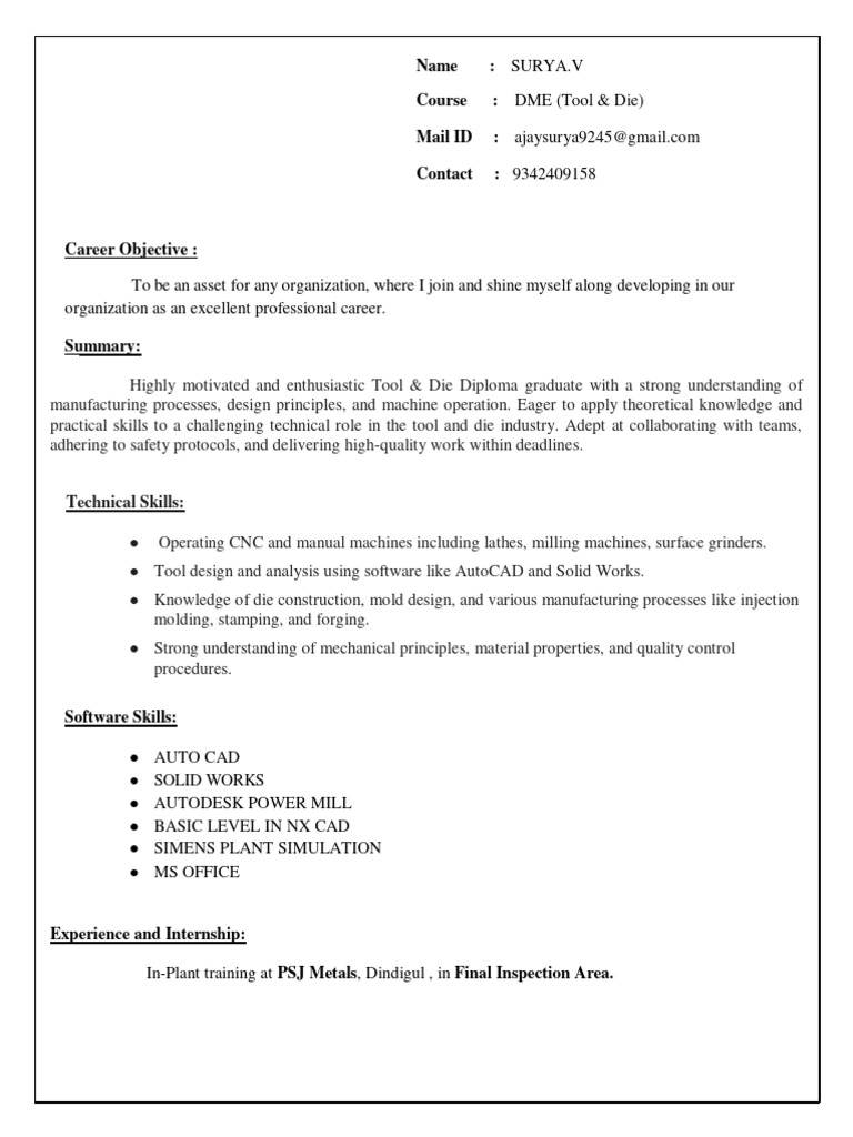Name: Surya.V Course: DME (Tool & Die) Contact: 9342409158 | PDF | Autodesk | Computer Aided Design