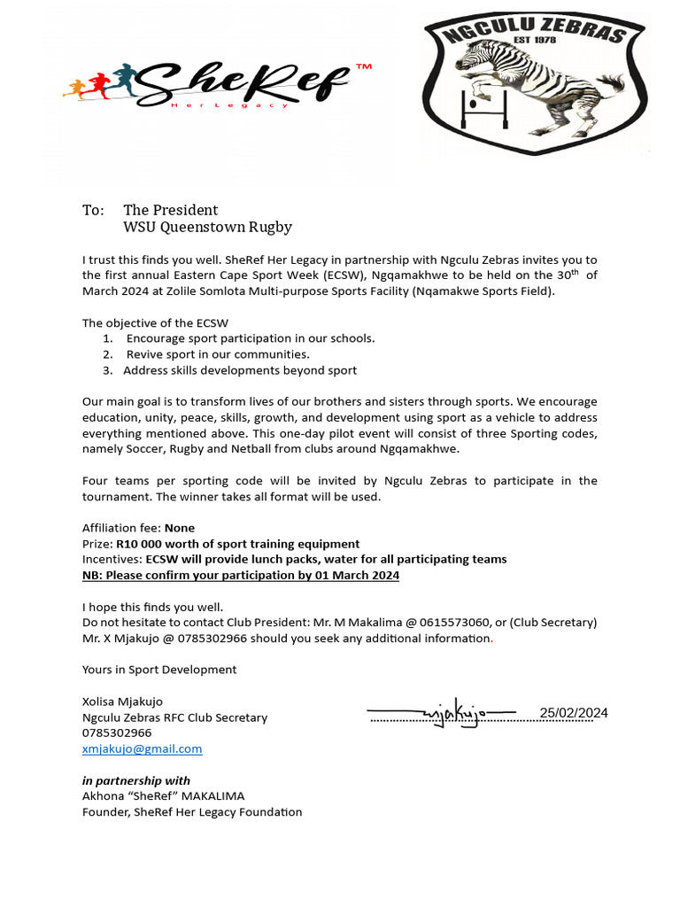 INVITATION LETTER WSU Queenstown Rugby | PDF