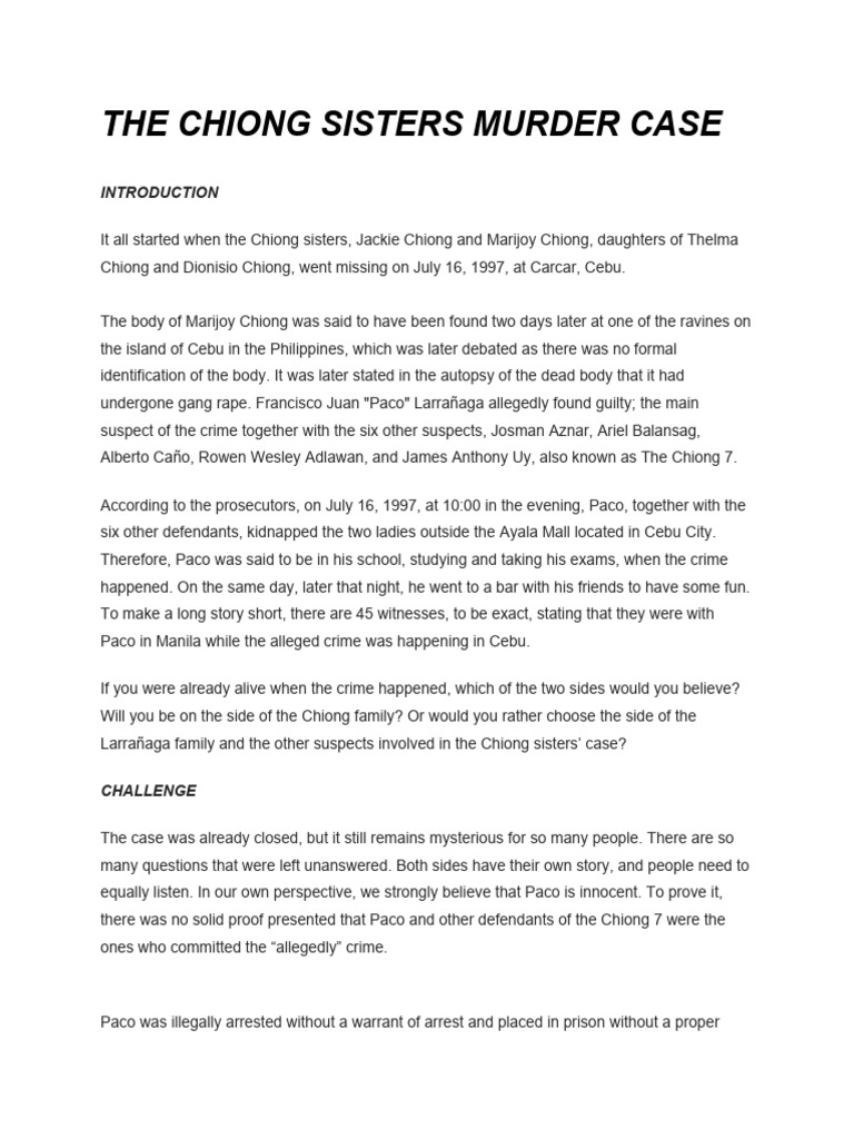 The Chiong Sisters Murder Case | PDF | Criminal Law | Crimes