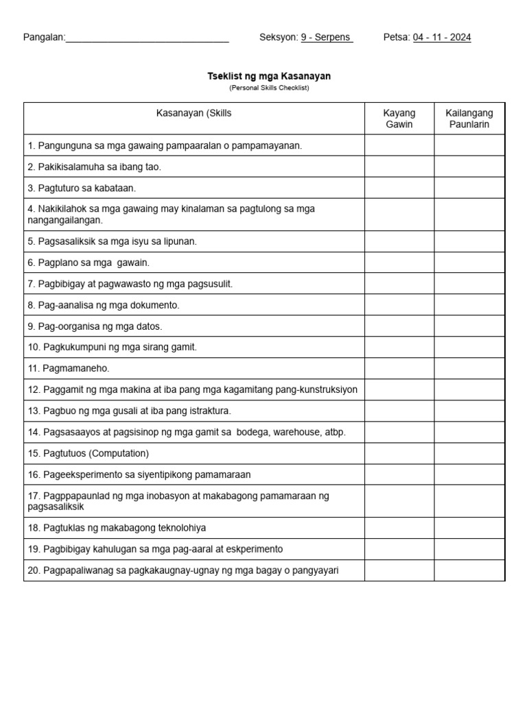 ESP - PSC (Personal Skills Checklist) in Tagalog | PDF