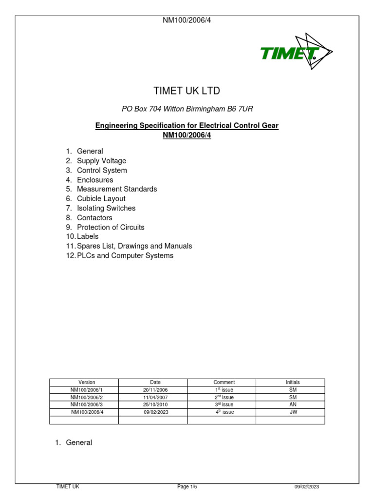 Engineering Specification For Electrical Control Gear NM 100-2006-4 ...