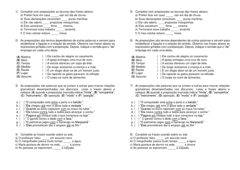 Atividade Preposição | PDF | Preposição e posposição